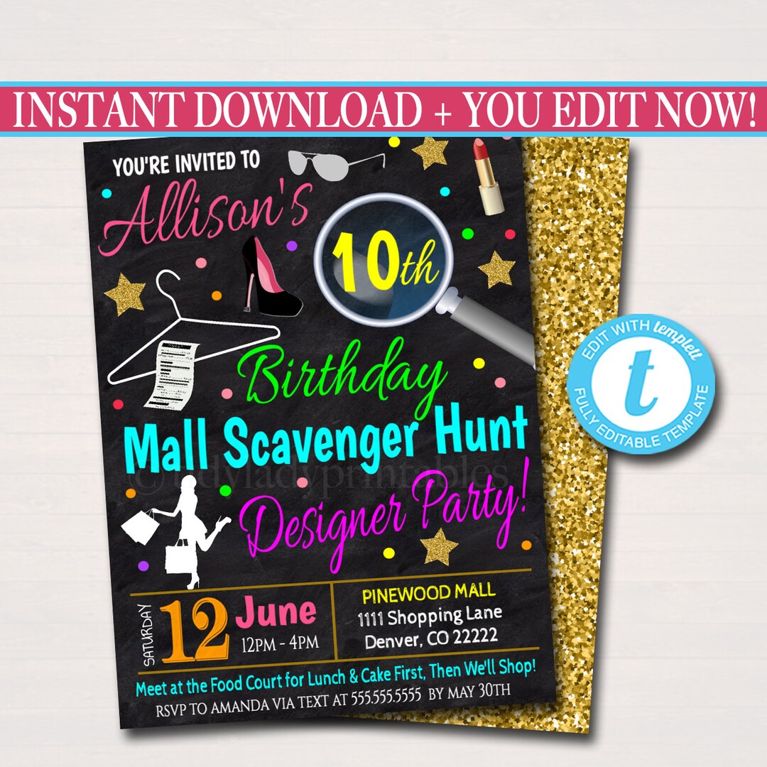 Editable Mall Scavenger Hunt Birthday Invitation (digital Download) - Etsy