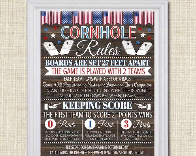 Cornhole Rules Sign: Red White Blue, Patriotic Party (printable INSTANT ...