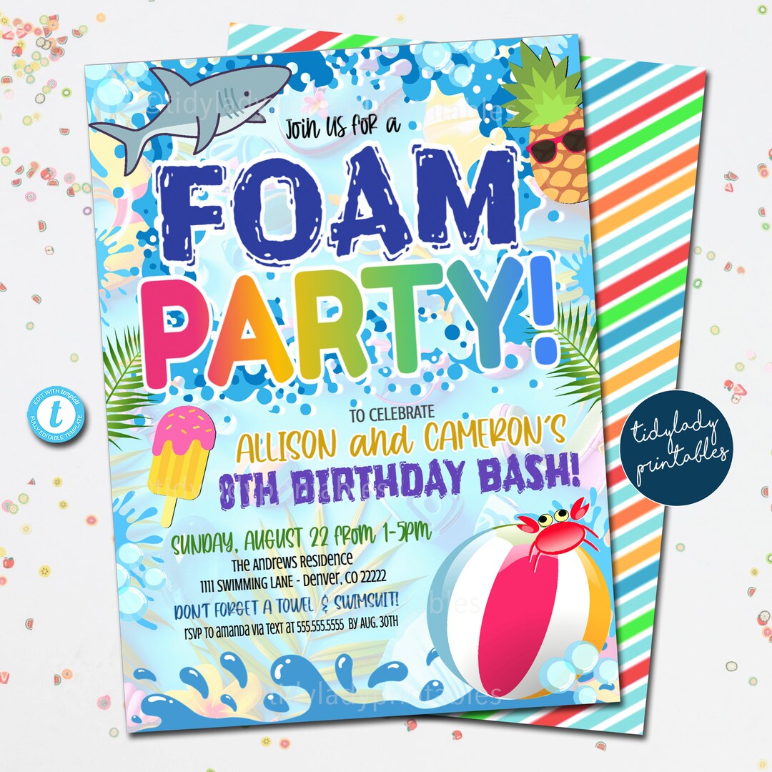 Kids Foam Party Invitation,shark Pineapple Foam Boys Girls Birthday ...