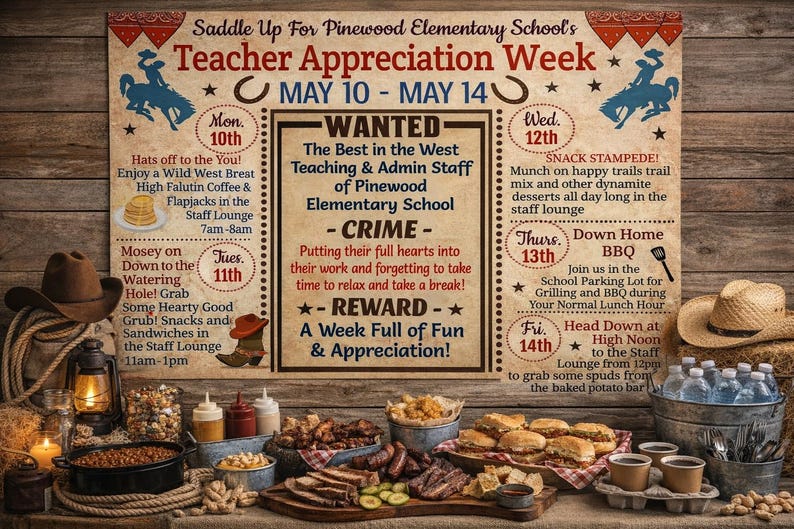 Editable Western Theme Staff Teacher Appreciation Week Itinerary Poster ...