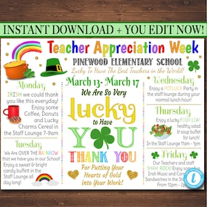EDITABLE St. Patricks Day Teacher Appreciation Week Itinerary Poster ...