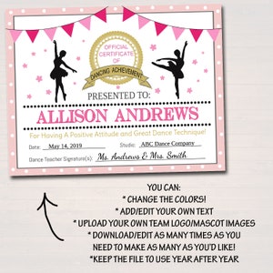 EDITABLE Dancer Certificate INSTANT DOWNLOAD, Dancing Award, Dancer ...