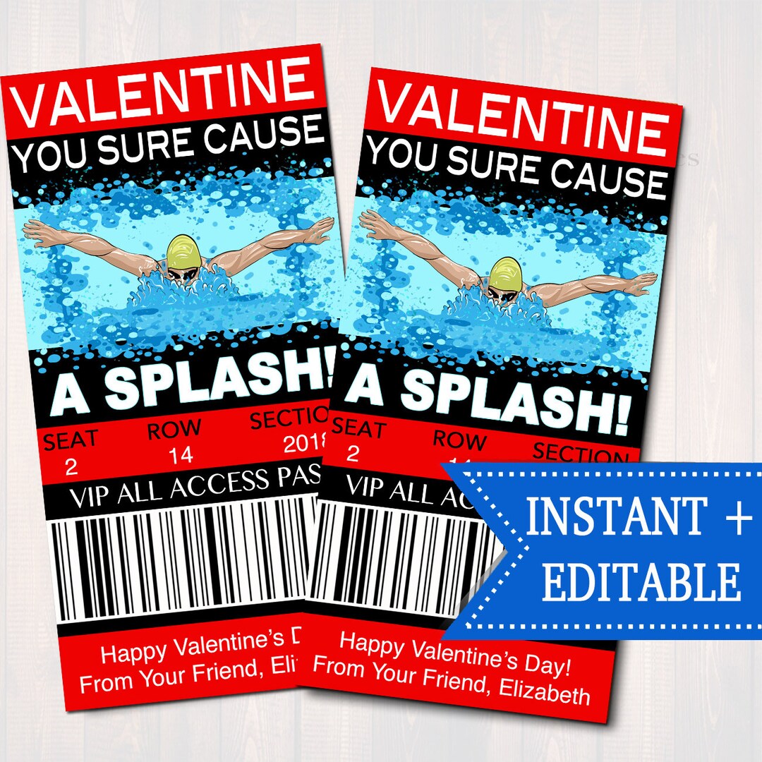 EDITABLE Swimmer Ticket Valentine's Day Cards, INSTANT DOWNLOAD ...