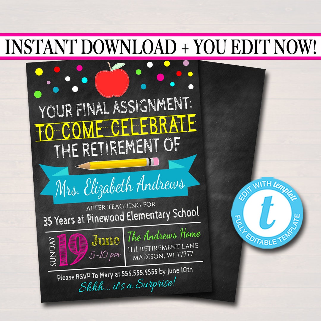 Editable Teacher Retirement Invitation: Chalkboard Design (digital ...