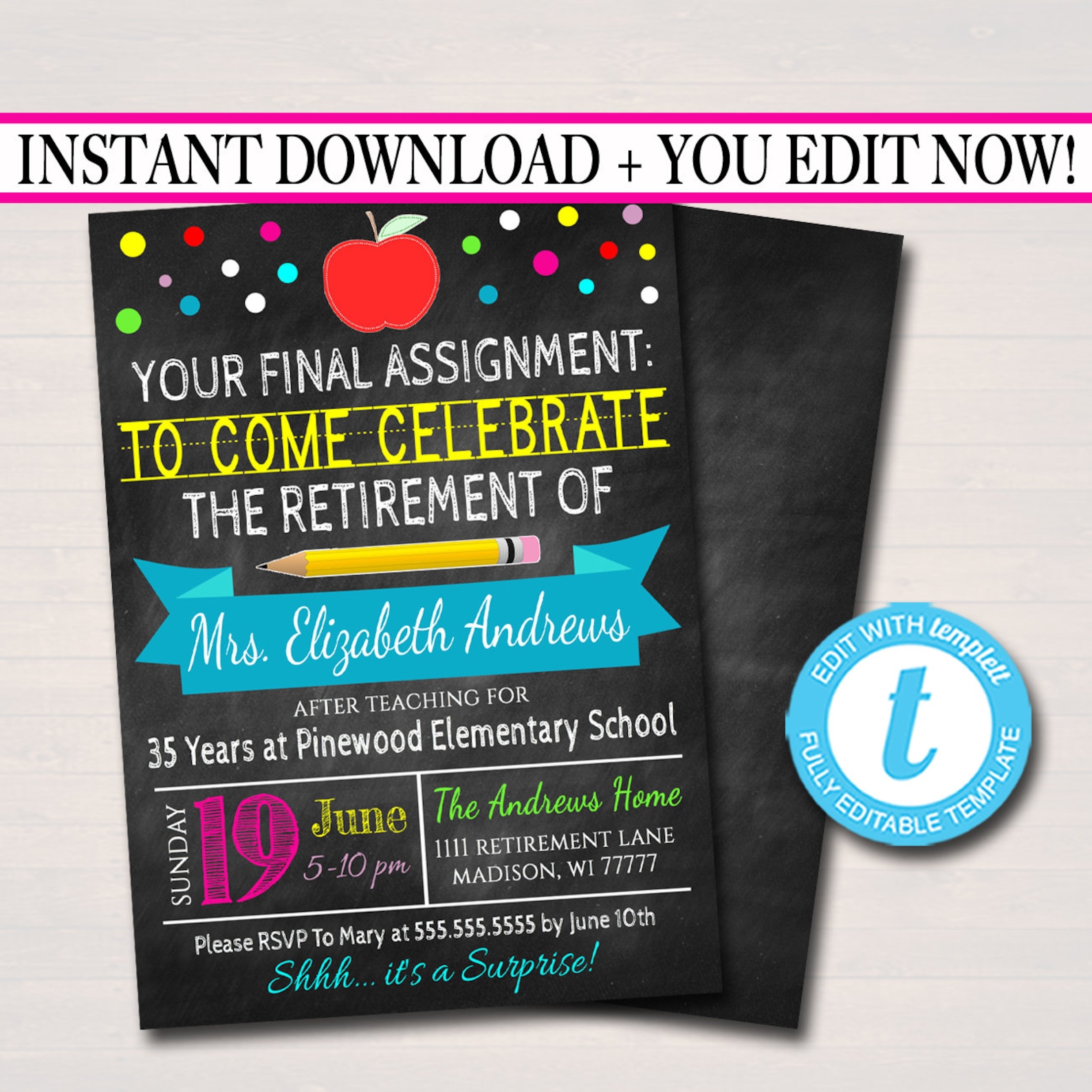 Editable Teacher Retirement Invitation: Chalkboard Design (digital ...