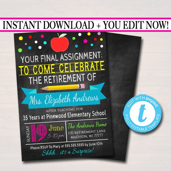 Editable Teacher Retirement Invitation Chalkboard Printable Digital ...