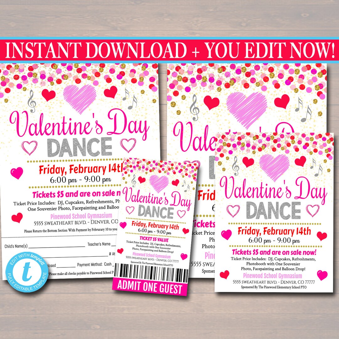 EDITABLE Valentine's Day Dance Set School Dance Flyer Party Invite ...