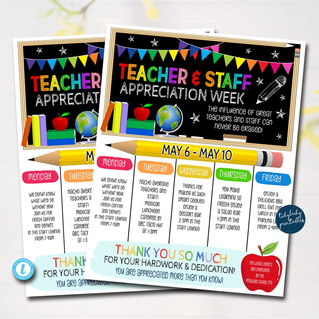 Teacher Appreciation Week Itinerary Flyer: Editable Printable Template ...