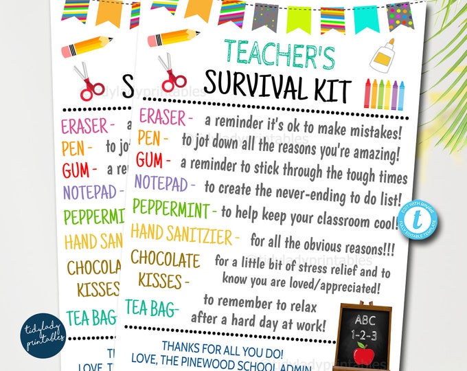 Teacher Survival Kit Printable Tag, Back to School Teacher Gifts ...