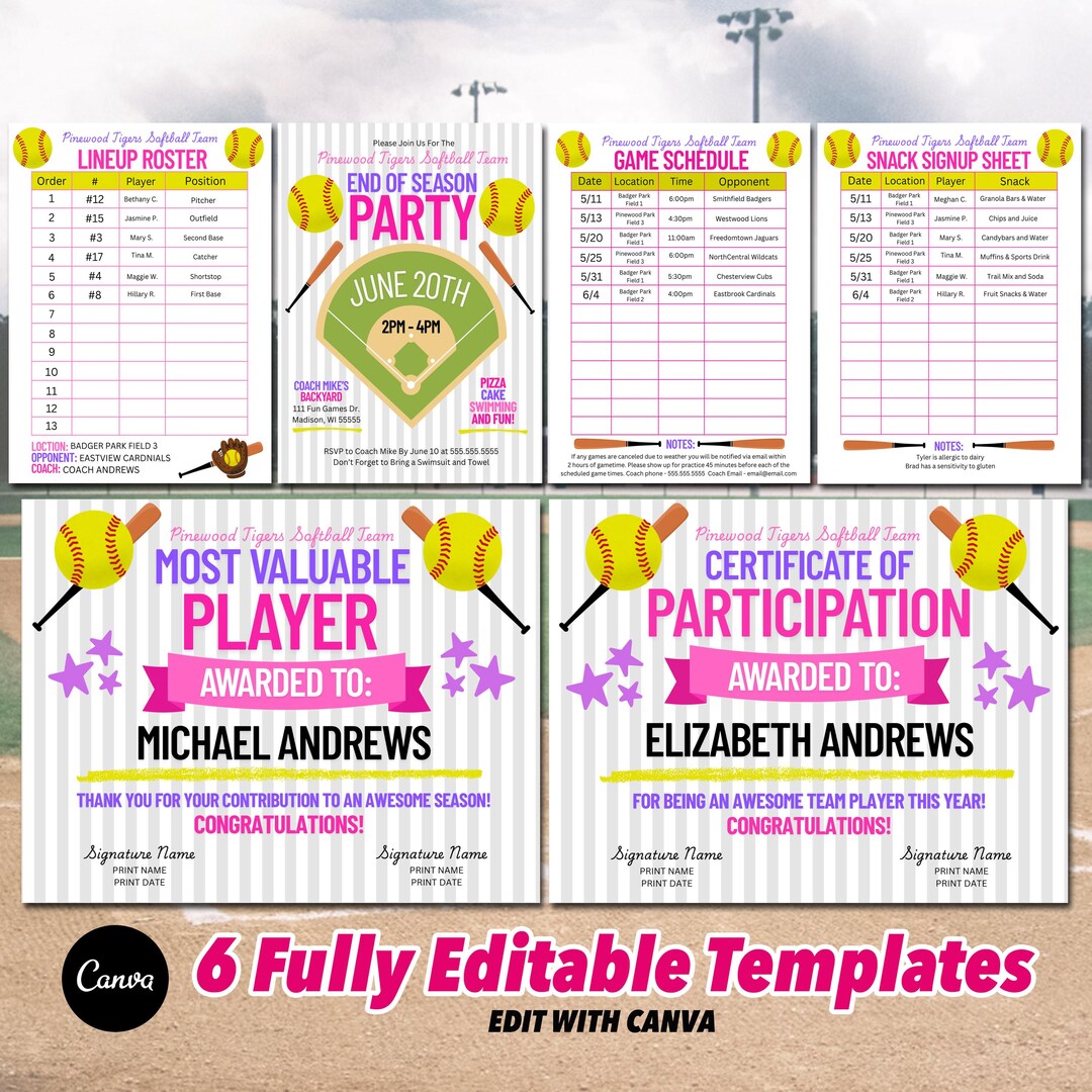 Editable Softball Templates Bundle: Coach Planner, Party Flyer (digital ...