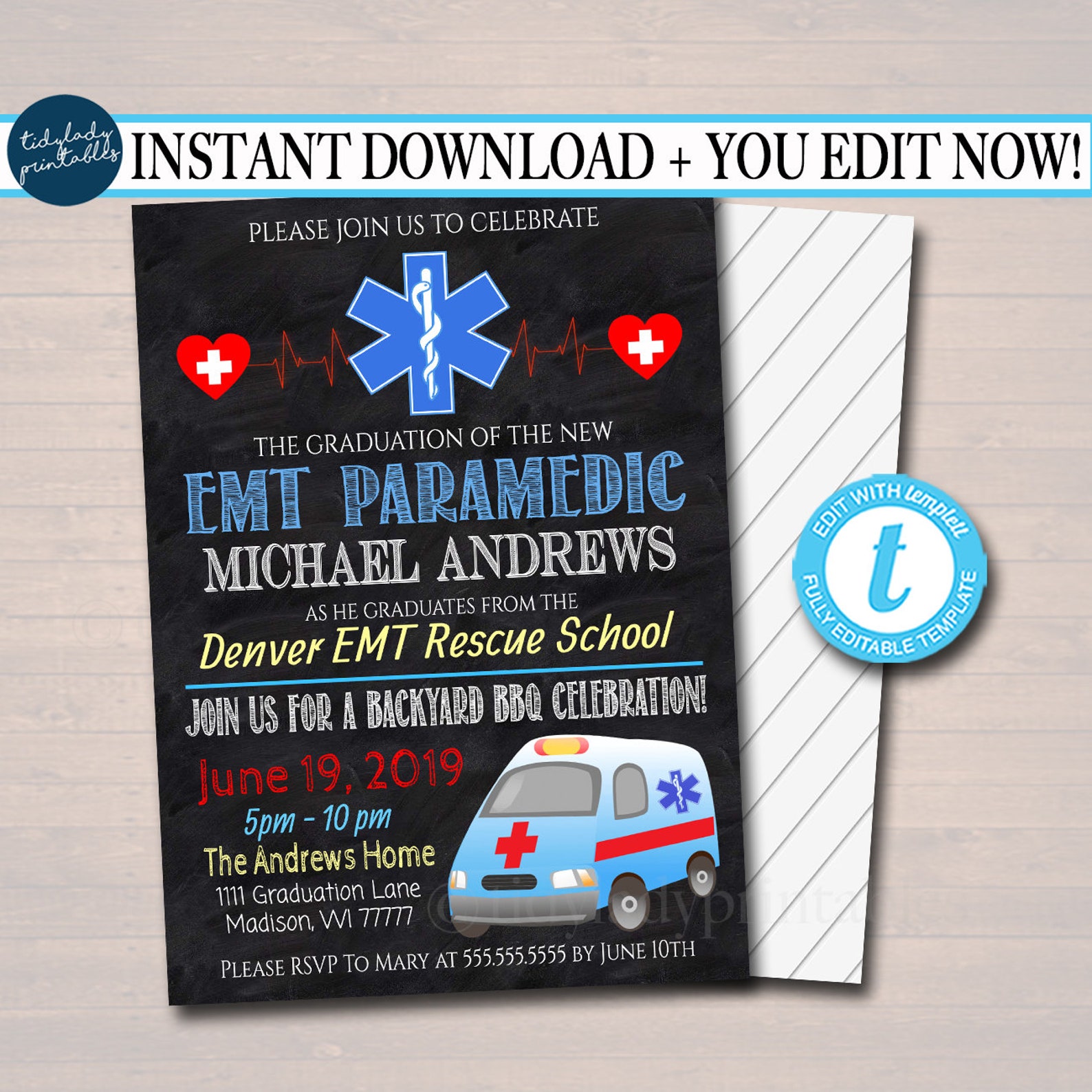 Editable Paramedic EMT Graduation Invitation Chalkboard - Etsy