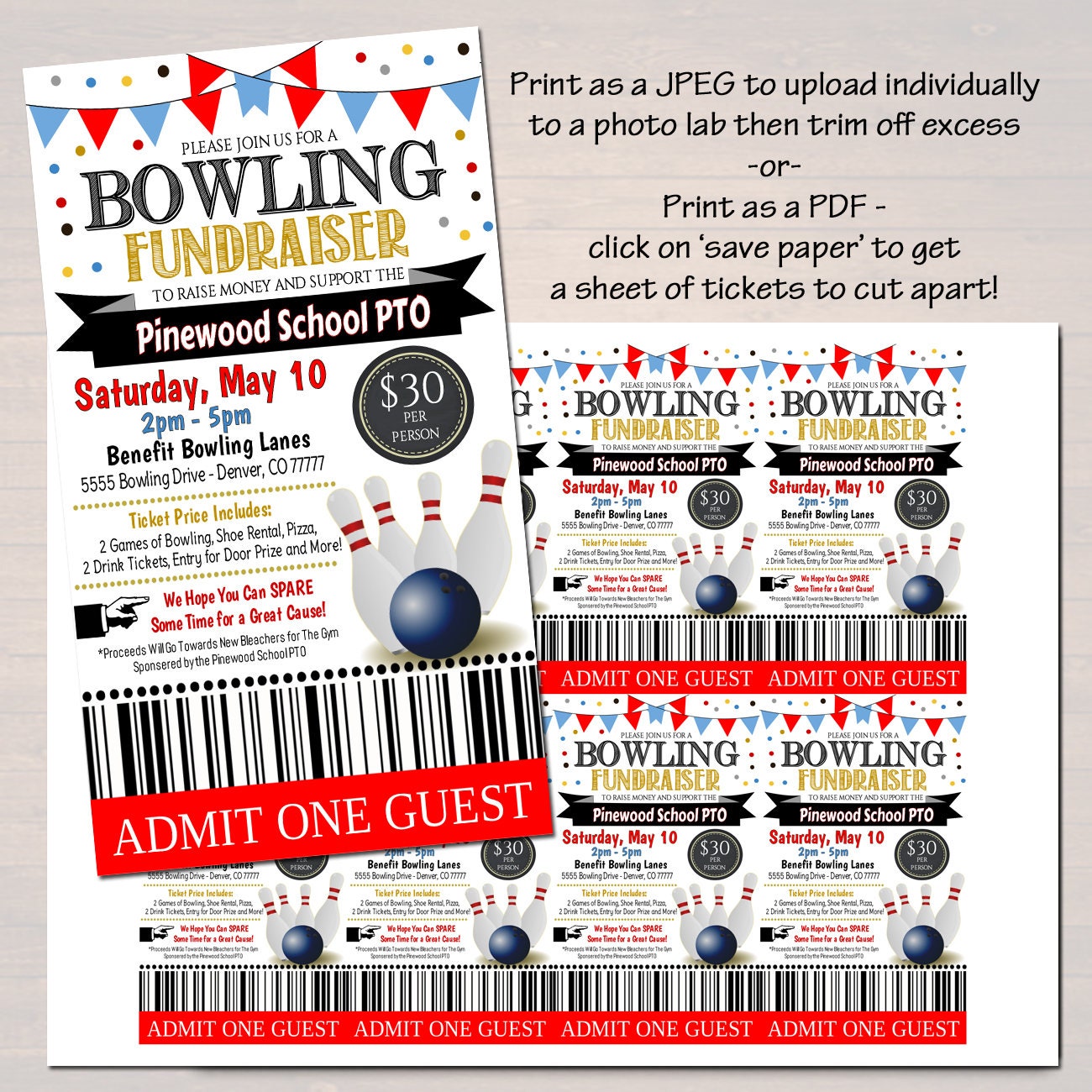Bowling Fundraiser Flyer and Ticket Set: Editable School Event ...