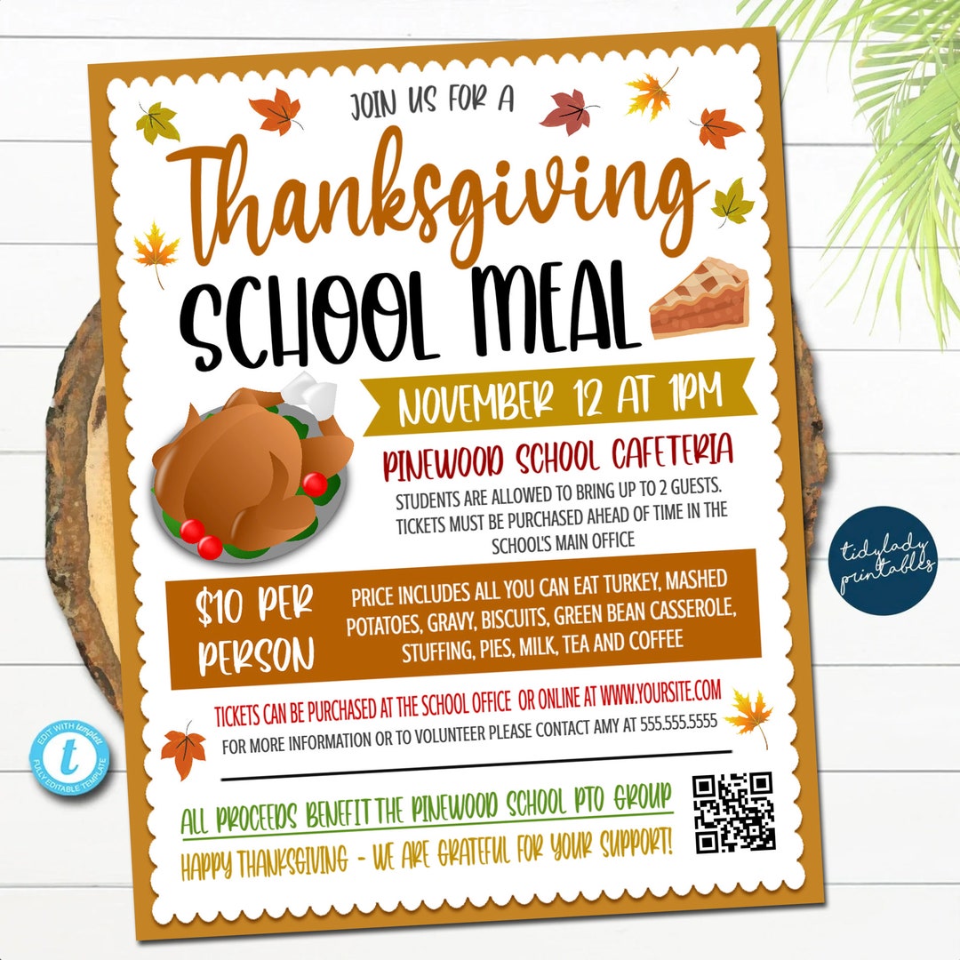 Thanksgiving School Meal Flyer Template: Editable Event Fundraiser ...