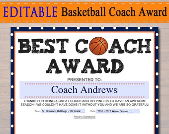 EDITABLE Basketball Coach Award Certificate INSTANT DOWNLOAD - Etsy