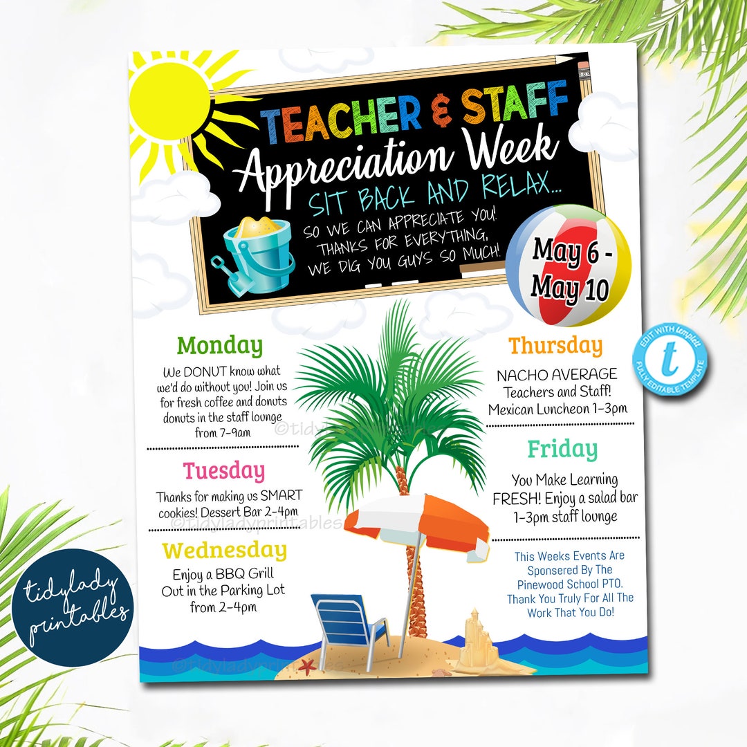 Beach Theme Teacher Appreciation Week Itinerary: Editable Printable ...