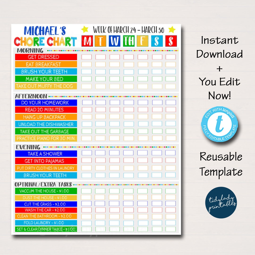 Kids Chore Chart: Daily & Weekly Checklist (editable Template) - Etsy