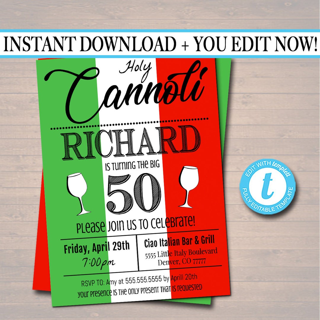 Holy Cannoli Italian Birthday Invitation: Editable Party Invite ...