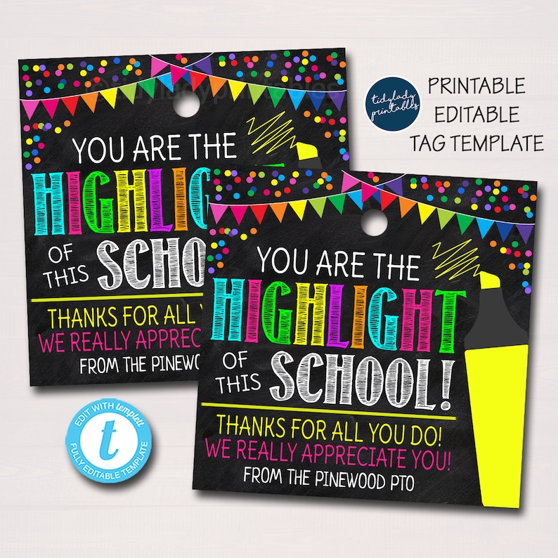 Highlighter Gift Tags: Teacher Staff Appreciation (editable Template ...