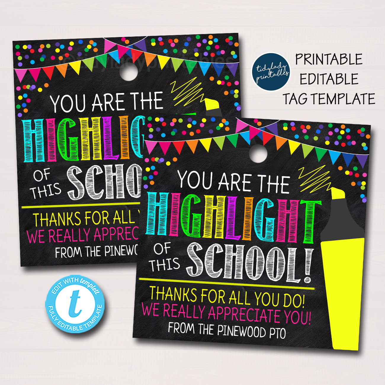 Highlighter Gift Tags: Teacher Staff Appreciation (editable Template ...