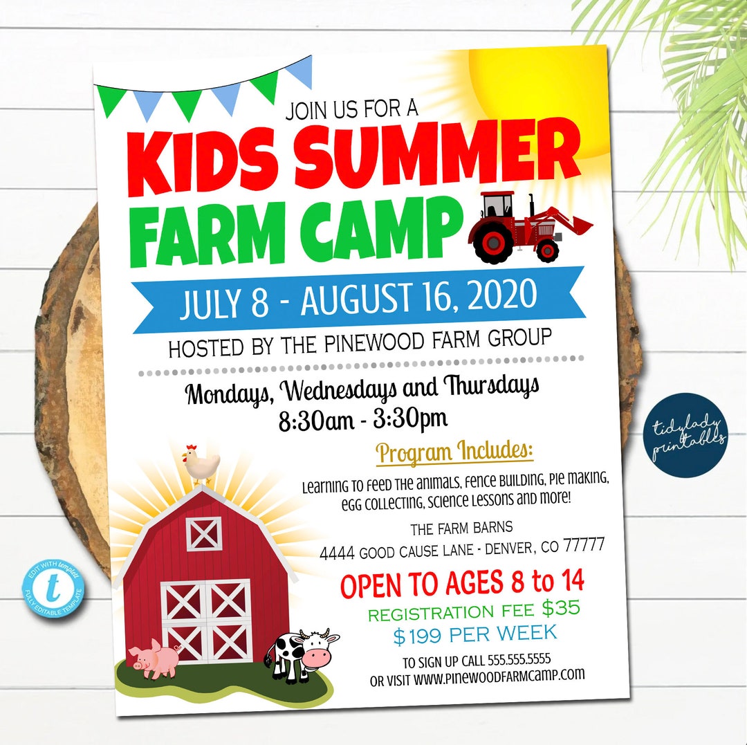 Summer Farm Camp Flyer, Kids Agriculture Animal Farm Camp, Marketing ...