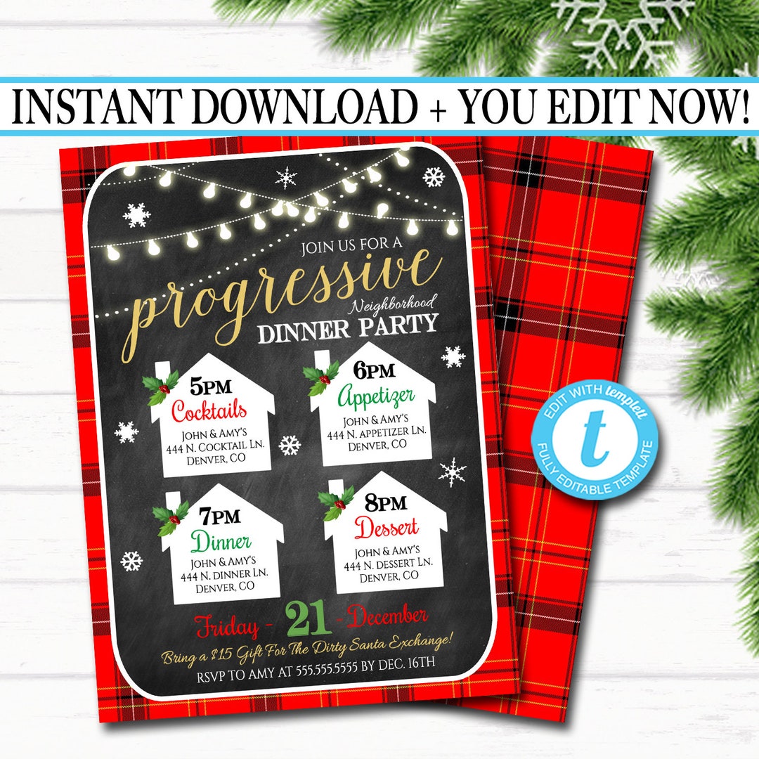 Editable Holiday Progressive Dinner Party Invitation, Christmas Potluck ...