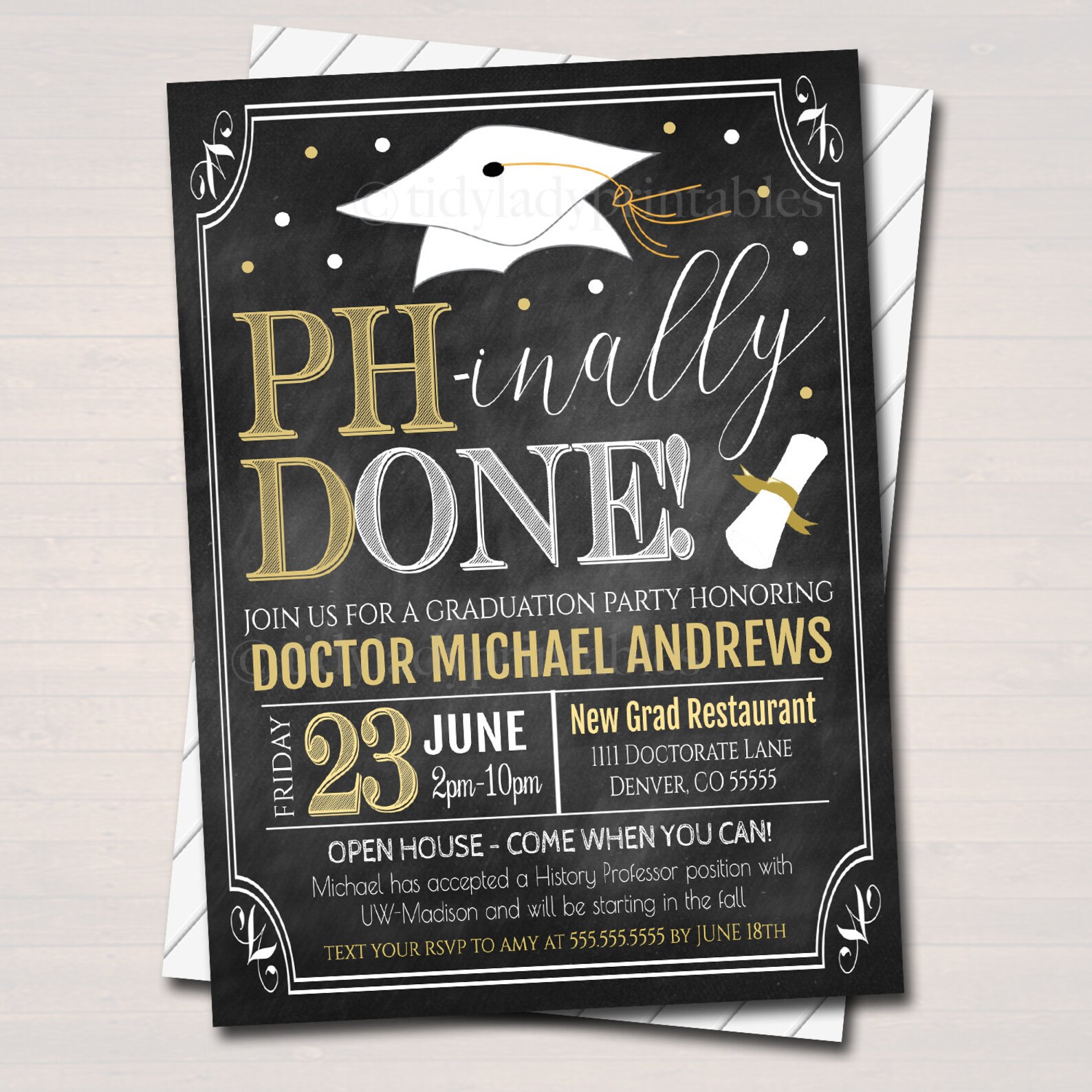 Editable Phd Graduation Invitation: Chalkboard Grad Party (digital ...