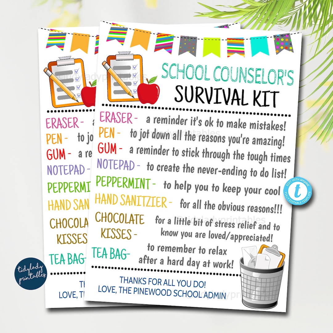 Editable School Counselor Survival Kit Printable (TEMPLATE) - Etsy