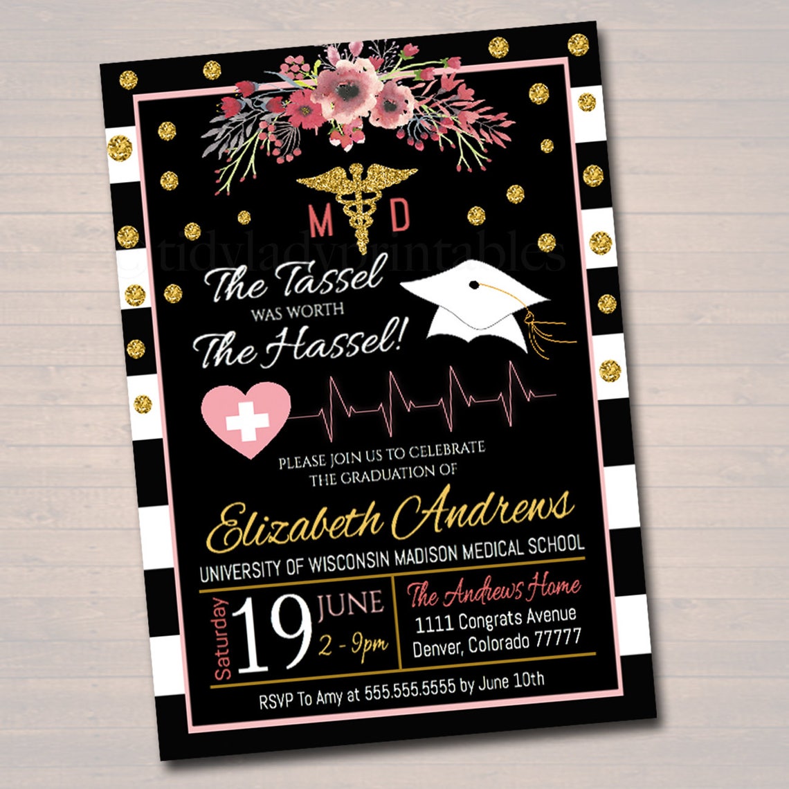 Editable Medical School Graduation Invitation Floral - Etsy