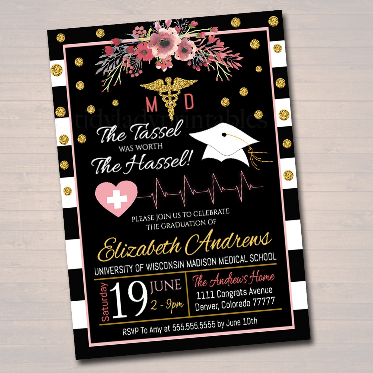 Editable Medical School Graduation Invitation Floral - Etsy