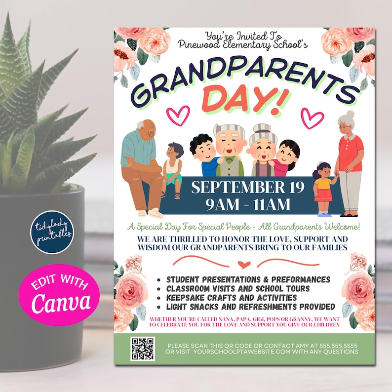 Grandparents Day School Event Flyer: Editable Canva Template (digital ...