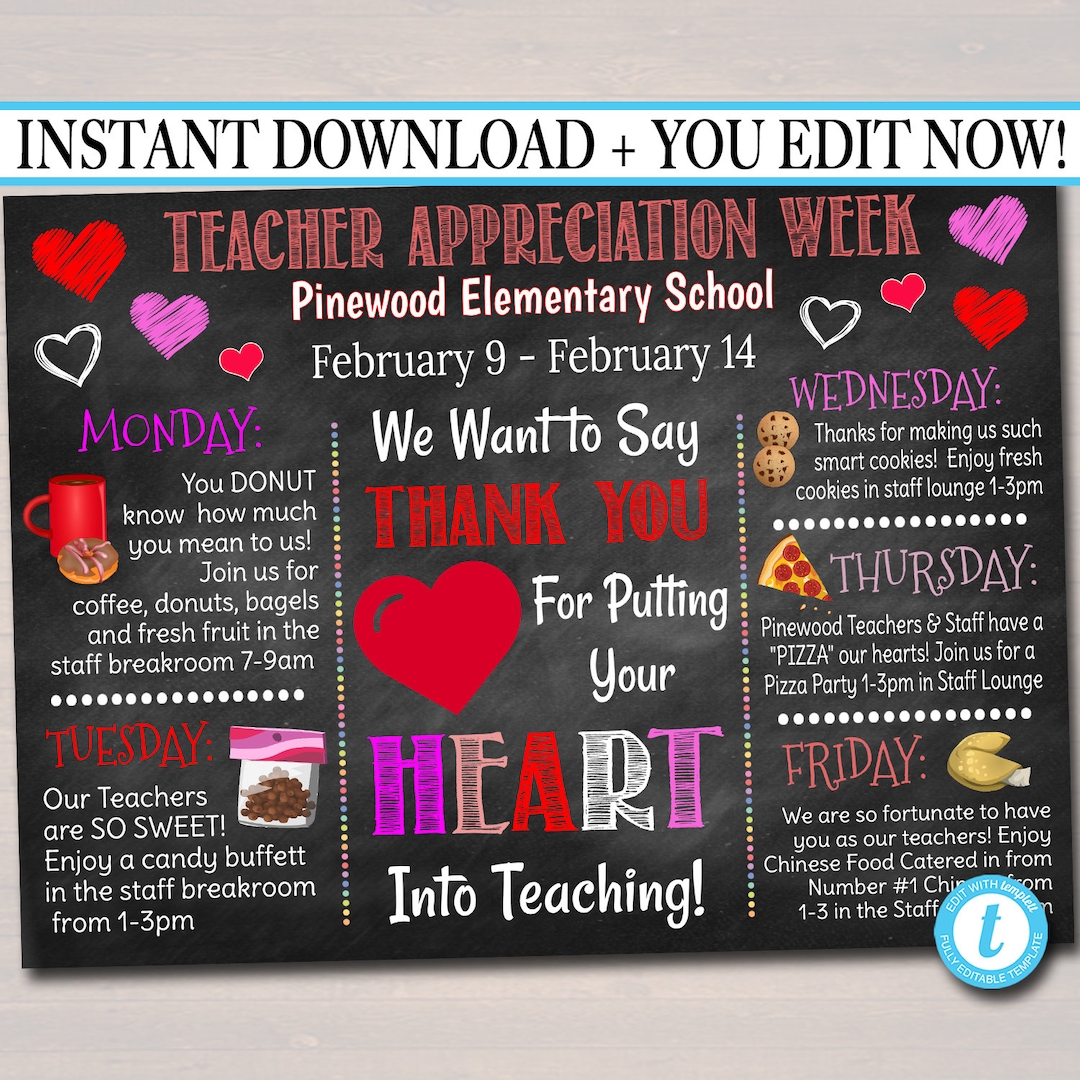 EDITABLE Valentine's Day Teacher Appreciation Week Itinerary Poster ...