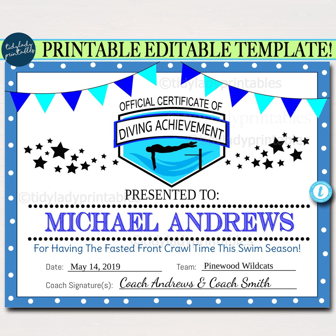 Editable Dive Team Award Certificate: Printable Diving Party Decor ...