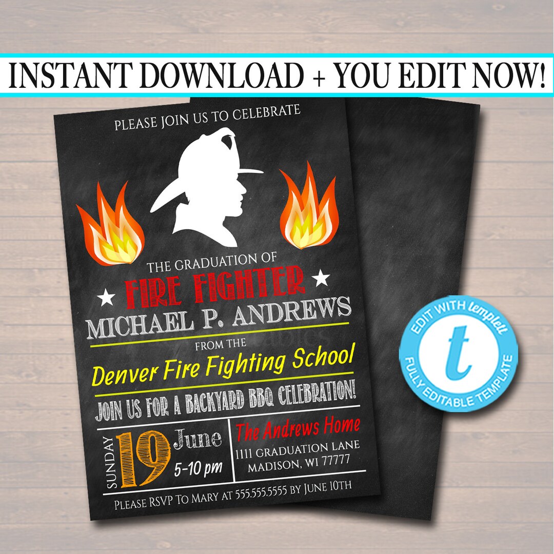 Editable Fire Fighter Graduation Invitation Chalkboard Printable ...