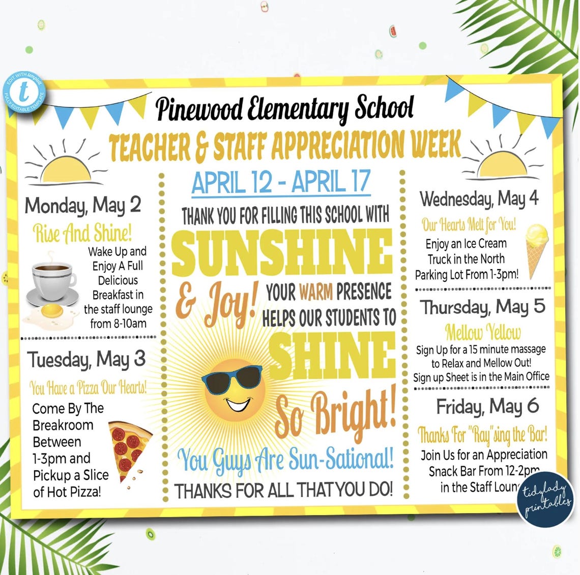 Yellow Sunshine Theme Teacher Appreciation Week Itinerary Poster ...