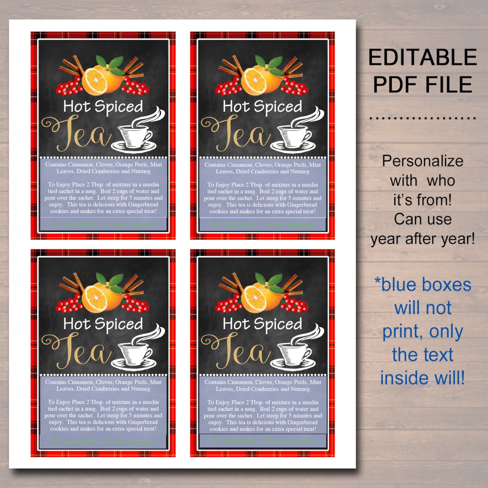 EDITABLE Hot Spiced Tea Christmas Gift Tags Secret Santa - Etsy