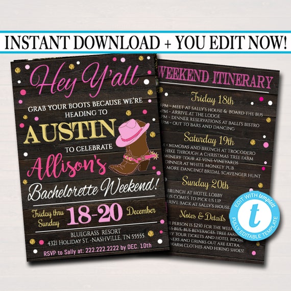 EDITABLE Austin Texas Bachelorette Party Invitation, Dallas, Country ...
