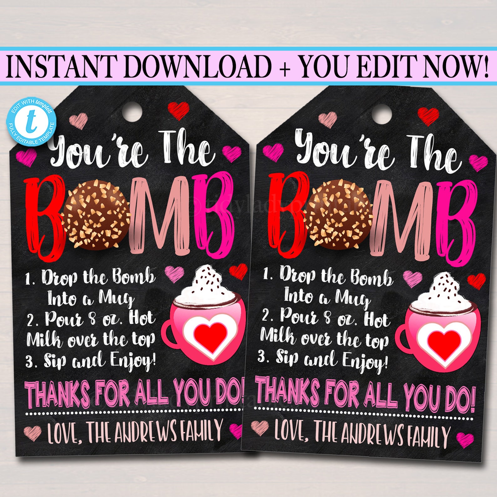 Valentine's Gift Tag You're the Bomb Hot Chocolate - Etsy