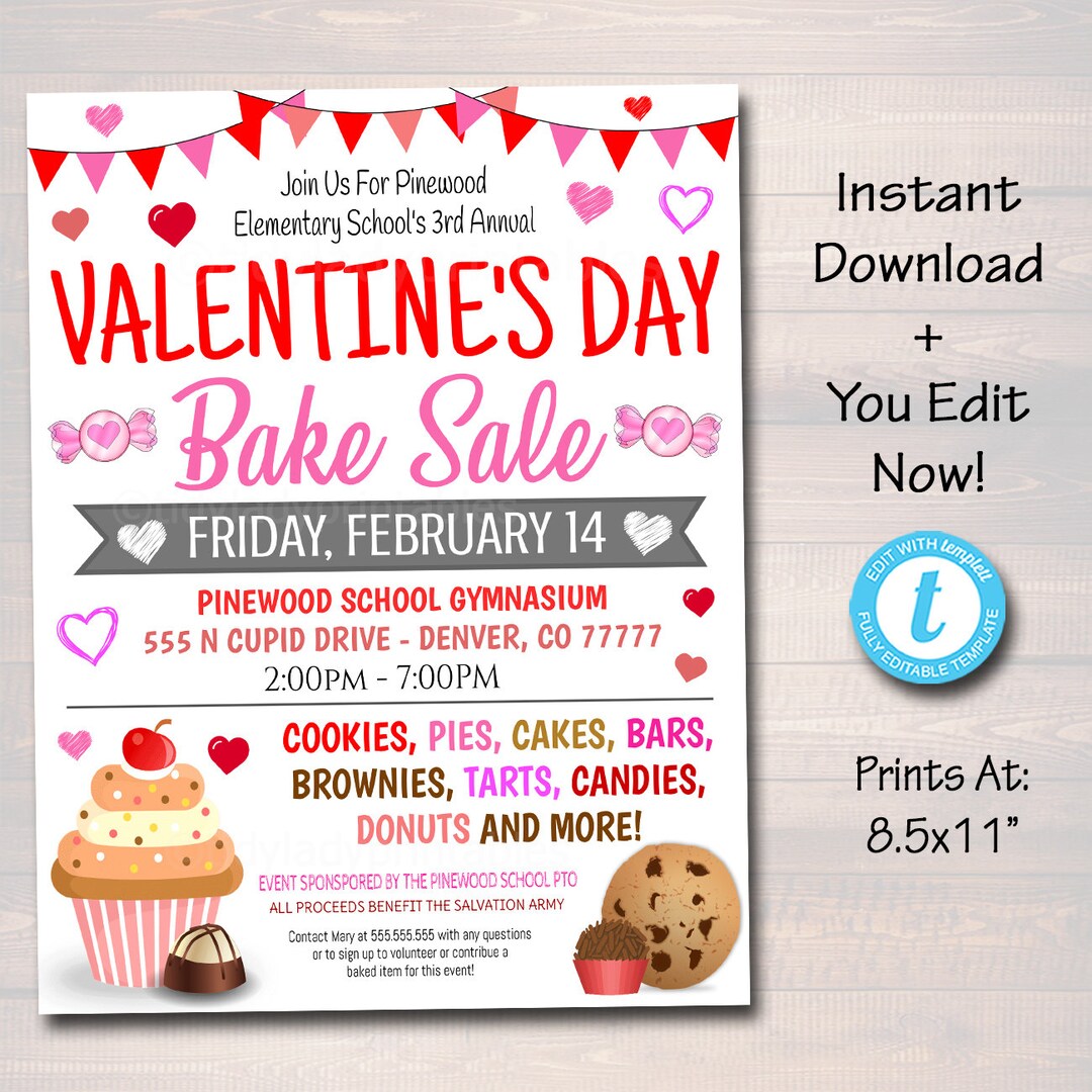 Valentine's Day Bake Sale Flyer, Printable PTA PTO, School Family ...