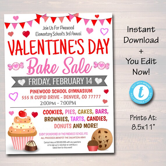 Valentine s Day Bake Sale Flyer Printable PTA PTO School Family 