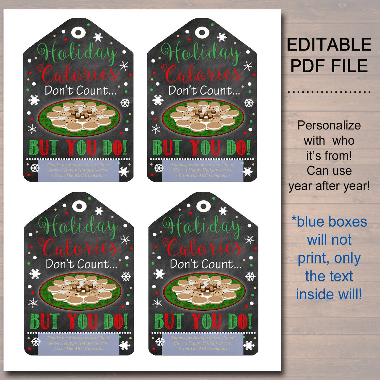 EDITABLE Holiday Calories Christmas Gift Tags Secret Santa - Etsy