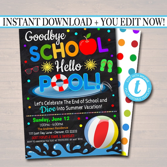 EDITABLE End of School Pool Party Invitation, Printable Digital Invite ...