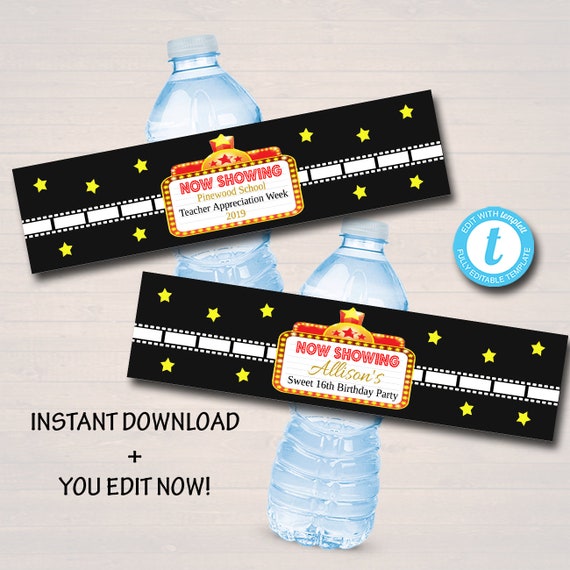 EDITABLE Movie Party Water Bottle Labels & VIP Hollywood Party Water ...