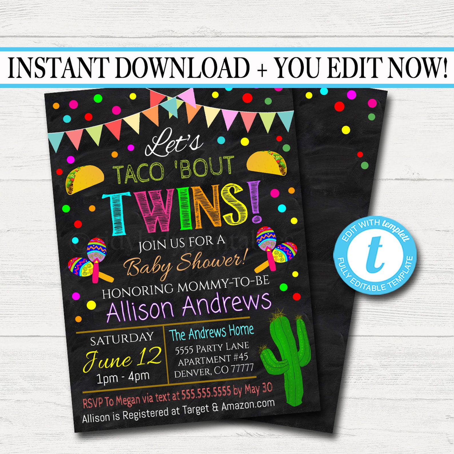 Editable Twins Fiesta Nacho Average Baby Shower Invitation | Etsy