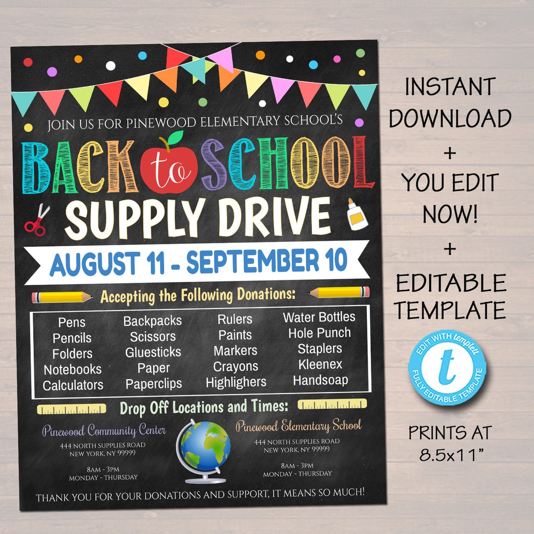 School Supply Drive Flyer Back to School Supply Drive PTO PTA School ...