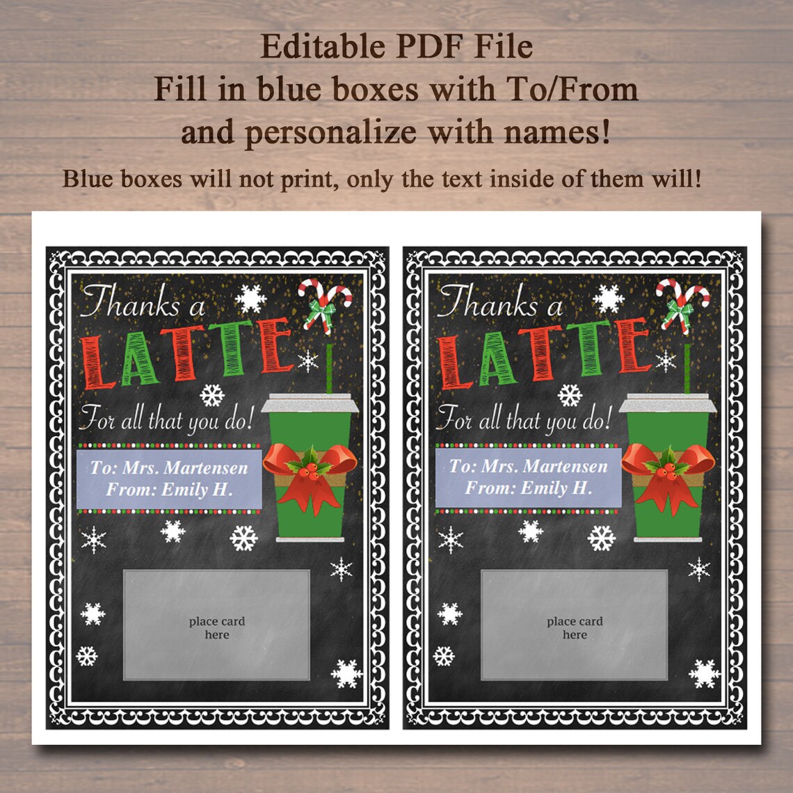 EDITABLE Coffee Card Holder Thanks a Latte Holiday Gift Card | Etsy
