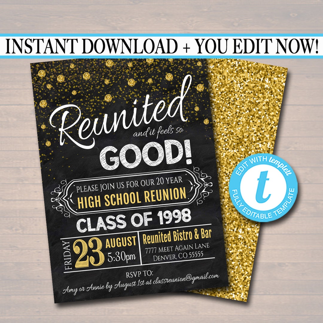 Editable Class Reunion Invitation: Chalkboard & Glitter (digital ...