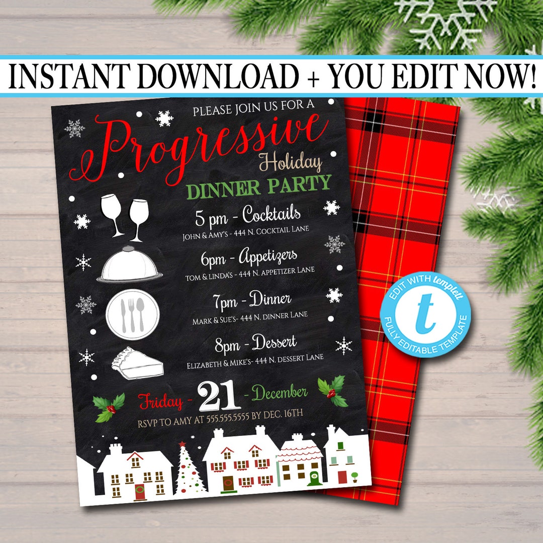 Editable Holiday Progressive Dinner Party Invitation, Christmas Potluck ...