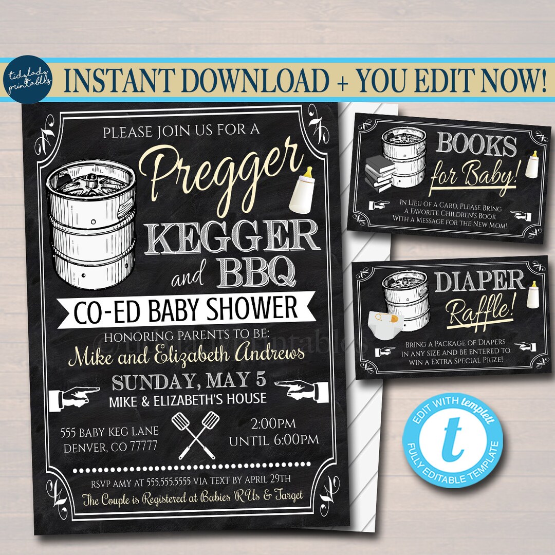 Pregger Kegger Invite, Books for Baby and Diaper Raffle Card Set ...