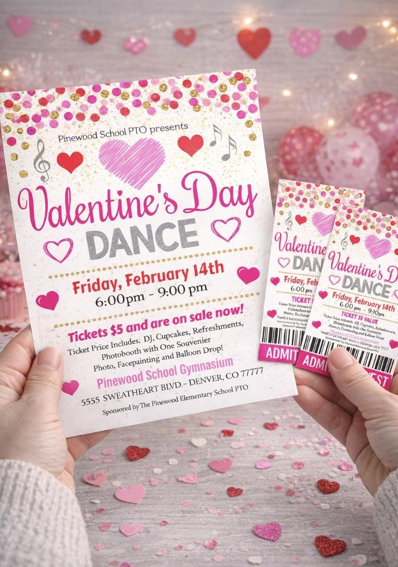 Editable Valentine's Day Dance Flyer & Ticket Set, Febraury School ...