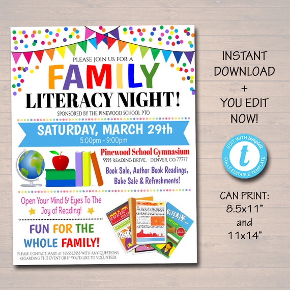 EDITABLE Family Literacy Night Flyer, Printable PTA PTO Flyer, School ...